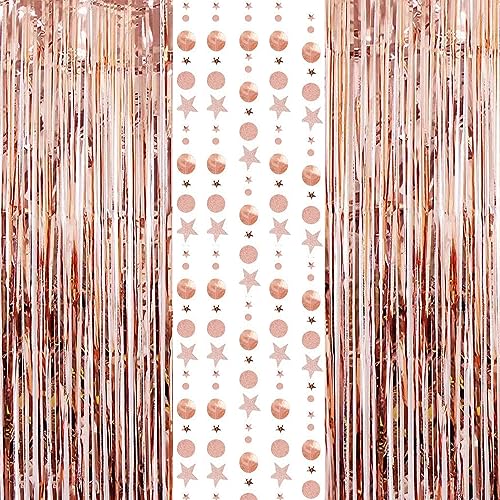 6.6x8.2 Feet Rose Gold Fringe Curtain Backdrop with 26.2 Feet Circle Star Garland for Birthday Bachelorette Bride Baby Shower Party Decorations