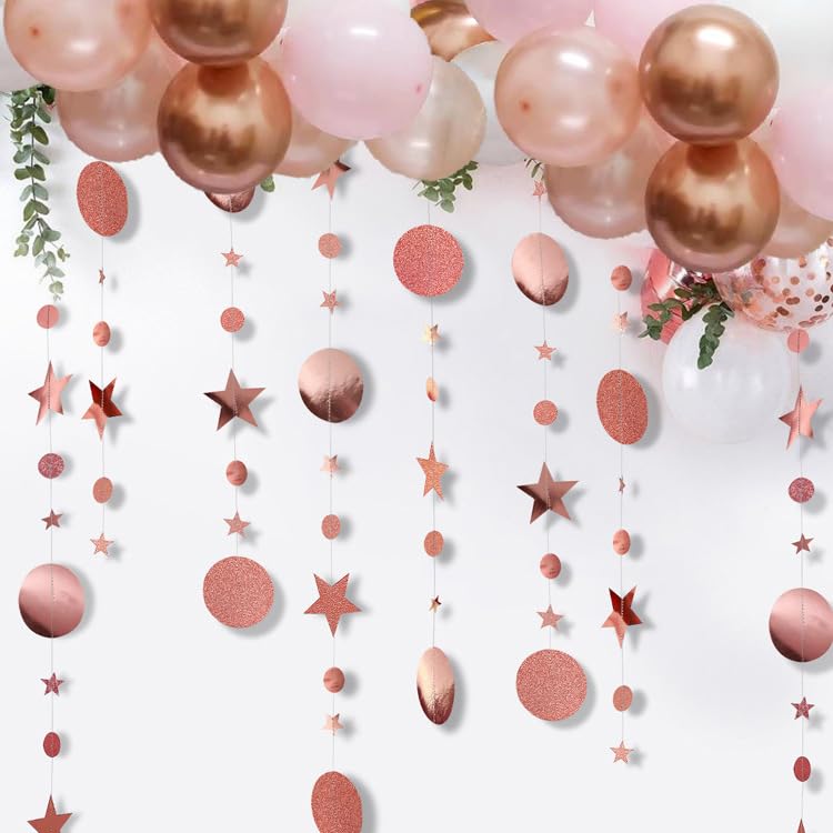 6.6x8.2 Feet Rose Gold Fringe Curtain Backdrop with 26.2 Feet Circle Star Garland for Birthday Bachelorette Bride Baby Shower Party Decorations