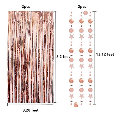 6.6x8.2 Feet Rose Gold Fringe Curtain Backdrop with 26.2 Feet Circle Star Garland for Birthday Bachelorette Bride Baby Shower Party Decorations