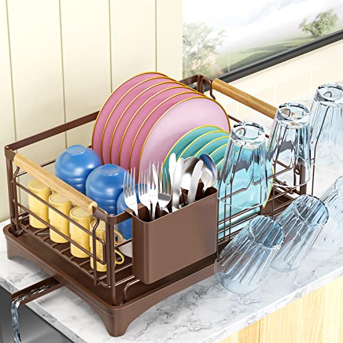 G-TING Dish Drying Rack, Dish Rack for Kitchen Counter, Rust-Proof Iron Dish Drainer with Drying Board and Utensil Holder for Kitchen Counter Cabinet, 16.6” L× 12.6”W× 7.8”H, Coffee Brown