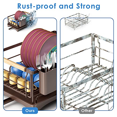 G-TING Dish Drying Rack, Dish Rack for Kitchen Counter, Rust-Proof Iron Dish Drainer with Drying Board and Utensil Holder for Kitchen Counter Cabinet, 16.6” L× 12.6”W× 7.8”H, Coffee Brown