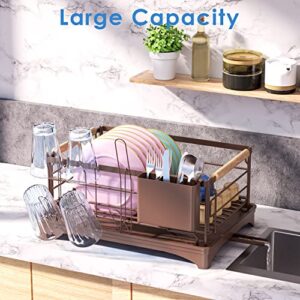 G-TING Dish Drying Rack, Dish Rack for Kitchen Counter, Rust-Proof Iron Dish Drainer with Drying Board and Utensil Holder for Kitchen Counter Cabinet, 16.6” L× 12.6”W× 7.8”H, Coffee Brown