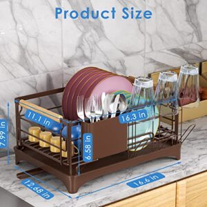 G-TING Dish Drying Rack, Dish Rack for Kitchen Counter, Rust-Proof Iron Dish Drainer with Drying Board and Utensil Holder for Kitchen Counter Cabinet, 16.6” L× 12.6”W× 7.8”H, Coffee Brown