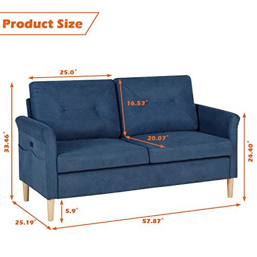 AILEEKISS 58" Fabric Loveseat Sofa with 2 USB Charging Ports Love Seat Sofas Couches for Living Room, Bedroom, Office, Small Spaces, Easy Assembly (Navy(2-Seat))