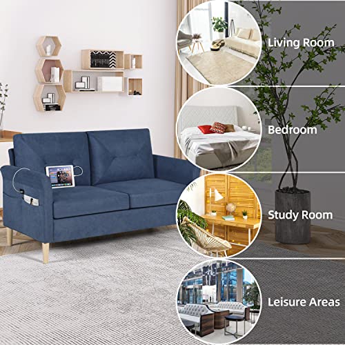 AILEEKISS 58" Fabric Loveseat Sofa with 2 USB Charging Ports Love Seat Sofas Couches for Living Room, Bedroom, Office, Small Spaces, Easy Assembly (Navy(2-Seat))