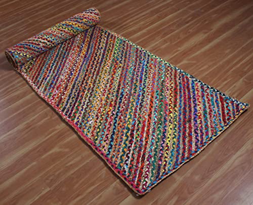 CASAVANI 100% Ecofriendly Hand Braided Rug Geometric Multipurpose Multicolor Jute & Cotton Rug Best Uses for Indoor Hall Room Gateway Runner Rug & Balcony 2.6x4 2.6x8 6x6 Feet Square