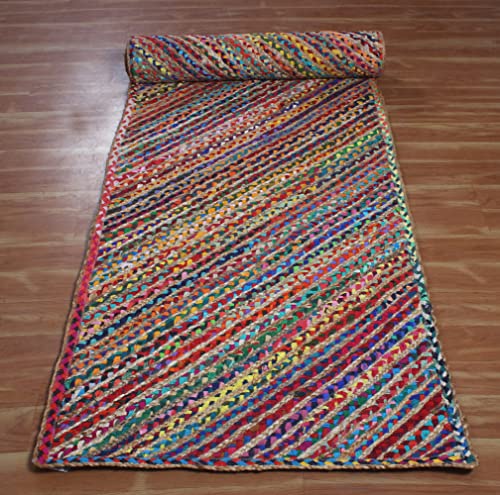 CASAVANI 100% Ecofriendly Hand Braided Rug Geometric Multipurpose Multicolor Jute & Cotton Rug Best Uses for Indoor Hall Room Gateway Runner Rug & Balcony 2.6x4 2.6x8 6x6 Feet Square