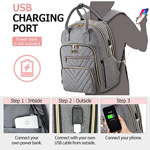 Kuosdaz Travel Backpack for Women, 15.6 Inch Work Laptop Backpack, Water Resistant Backpack for Business with USB Charging Port, Anti-theft Student Teacher Bookbags, Large Daypacks for Women, Grey