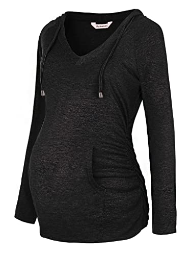 Hanweini Maternity Hoodie Tops Sweatshirt Casual Long Sleeve Ruched Pregnancy Shirt Tunics (Black Gray,XX-Large)