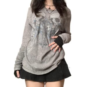 y2k long sleeve tops for women fairy grunge graphic print top vintage crop top tee(m-grey,s)