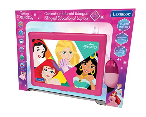 LEXIBOOK JC598DPi1 Disney Princesses Educational and Bilingual Laptop French/English with 124 Activities: Mathematics, Dactylography, Logic, Clock Reading, Play Games and Music