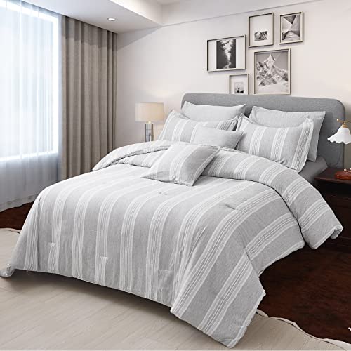 BedsPick King Comforter Set, 96 x 102 Inches King Comforter Set Lightweight All Season Soft Down Alternative Reversible Cationic Dyeing Striped King Comforter Bedding Set With 2 King Size Pillow Shams