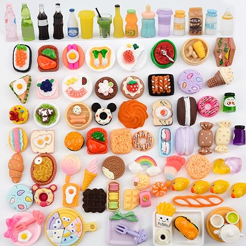 MUYIZI Miniature Food with Storage Box, Doll House Accessories Small Resin Food, Dollhouse Food Set for Pretend Play Kitchen, 100Pcs