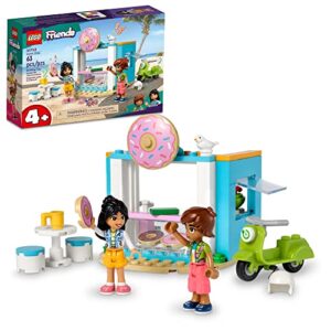 lego friends donut shop 41723, food playset, bakery toy for girls and boys 4 plus years old, includes liann and leo mini-dolls and toy scooter, small gift idea