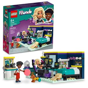 lego friends nova's room gaming themed bedroom playset 41755, collectible toy with zac mini-doll and pickle the dog, small gift idea for kids 6 and up