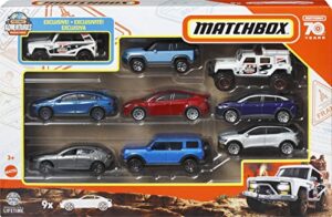 matchbox cars, 9-pack of 1:64 scale toy trucks & vehicles from the adventures world tour show, 1 exclusive vehicle