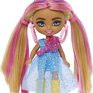 Barbie Extra Mini Minis Doll with Pink-Streaked Blonde Pigtails Wearing Blue Dress & Accessories & Stand, 3.25-inch