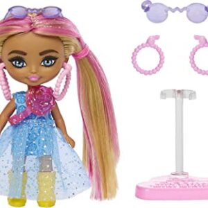 Barbie Extra Mini Minis Doll with Pink-Streaked Blonde Pigtails Wearing Blue Dress & Accessories & Stand, 3.25-inch