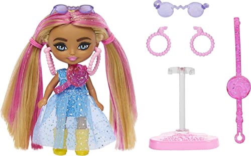 Barbie Extra Mini Minis Doll with Pink-Streaked Blonde Pigtails Wearing Blue Dress & Accessories & Stand, 3.25-inch