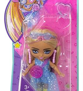 Barbie Extra Mini Minis Doll with Pink-Streaked Blonde Pigtails Wearing Blue Dress & Accessories & Stand, 3.25-inch