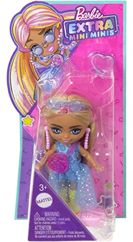 Barbie Extra Mini Minis Doll with Pink-Streaked Blonde Pigtails Wearing Blue Dress & Accessories & Stand, 3.25-inch