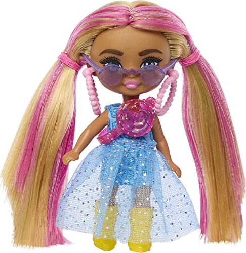 Barbie Extra Mini Minis Doll with Pink-Streaked Blonde Pigtails Wearing Blue Dress & Accessories & Stand, 3.25-inch