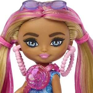 Barbie Extra Mini Minis Doll with Pink-Streaked Blonde Pigtails Wearing Blue Dress & Accessories & Stand, 3.25-inch