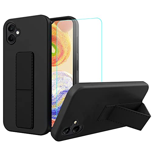 Case for Samsung Galaxy A04 2022 Phone Case, Stand Case with Tempered Glass Screen Protector Hidden Telescopic Kickstand Shockproof Protective Cover Silicone TPU Case for Samsung Galaxy A04 - Black