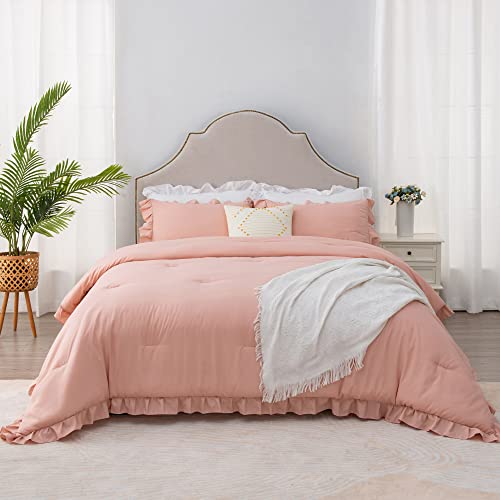 Litanika Full Size Comforter Sets, 3 Pieces Blush Pink Ruffle Girls Women Cute Bedding Comforters & Sets, Lightweight Fluffy Microfiber as Gift (79x90In Comforter & 2 Pillowcases)