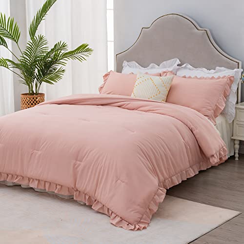 Litanika Full Size Comforter Sets, 3 Pieces Blush Pink Ruffle Girls Women Cute Bedding Comforters & Sets, Lightweight Fluffy Microfiber as Gift (79x90In Comforter & 2 Pillowcases)