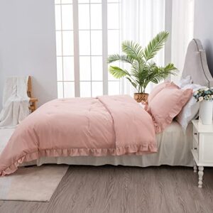 Litanika Full Size Comforter Sets, 3 Pieces Blush Pink Ruffle Girls Women Cute Bedding Comforters & Sets, Lightweight Fluffy Microfiber as Gift (79x90In Comforter & 2 Pillowcases)