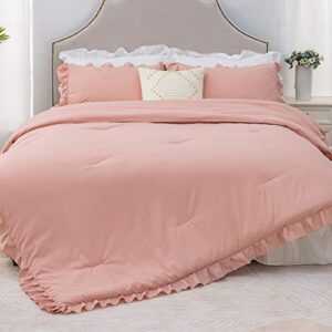 Litanika Full Size Comforter Sets, 3 Pieces Blush Pink Ruffle Girls Women Cute Bedding Comforters & Sets, Lightweight Fluffy Microfiber as Gift (79x90In Comforter & 2 Pillowcases)