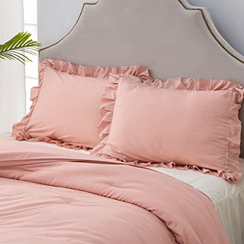 Litanika Full Size Comforter Sets, 3 Pieces Blush Pink Ruffle Girls Women Cute Bedding Comforters & Sets, Lightweight Fluffy Microfiber as Gift (79x90In Comforter & 2 Pillowcases)