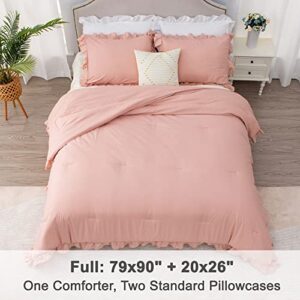 Litanika Full Size Comforter Sets, 3 Pieces Blush Pink Ruffle Girls Women Cute Bedding Comforters & Sets, Lightweight Fluffy Microfiber as Gift (79x90In Comforter & 2 Pillowcases)