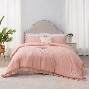 Litanika Full Size Comforter Sets, 3 Pieces Blush Pink Ruffle Girls Women Cute Bedding Comforters & Sets, Lightweight Fluffy Microfiber as Gift (79x90In Comforter & 2 Pillowcases)