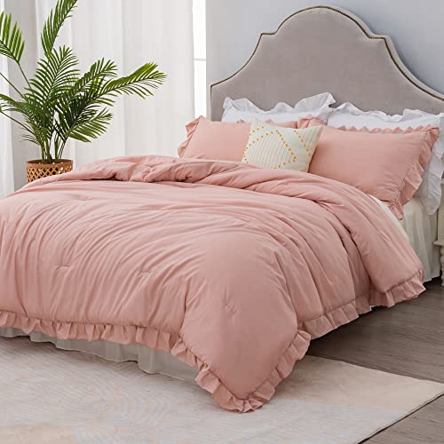 Litanika Full Size Comforter Sets, 3 Pieces Blush Pink Ruffle Girls Women Cute Bedding Comforters & Sets, Lightweight Fluffy Microfiber as Gift (79x90In Comforter & 2 Pillowcases)