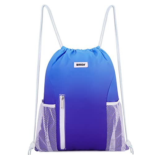 WANDF Drawstring Backpack Sports Gym Sackpack with Mesh Pockets Water Resistant String Bag for Women Men (Blue)