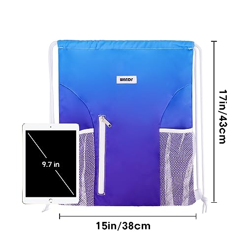 WANDF Drawstring Backpack Sports Gym Sackpack with Mesh Pockets Water Resistant String Bag for Women Men (Blue)