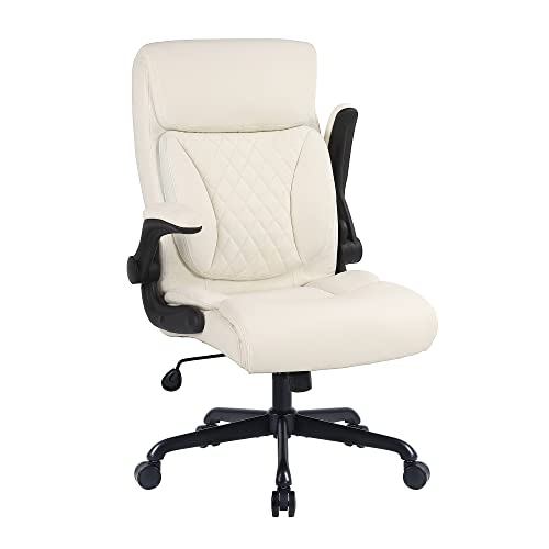 Youhauchair Executive Office Chair, Ergonomic Home Office Desk Chairs, PU Leather Computer Chair with Lumbar Support, Flip-up Armrests and Adjustable Height, High Back Work Chair, Beige