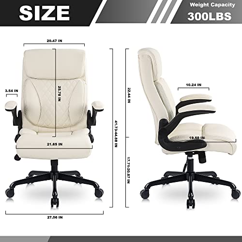 Youhauchair Executive Office Chair, Ergonomic Home Office Desk Chairs, PU Leather Computer Chair with Lumbar Support, Flip-up Armrests and Adjustable Height, High Back Work Chair, Beige