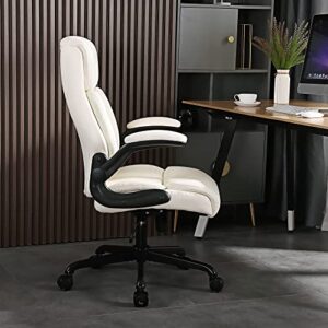 Youhauchair Executive Office Chair, Ergonomic Home Office Desk Chairs, PU Leather Computer Chair with Lumbar Support, Flip-up Armrests and Adjustable Height, High Back Work Chair, Beige