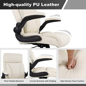 Youhauchair Executive Office Chair, Ergonomic Home Office Desk Chairs, PU Leather Computer Chair with Lumbar Support, Flip-up Armrests and Adjustable Height, High Back Work Chair, Beige