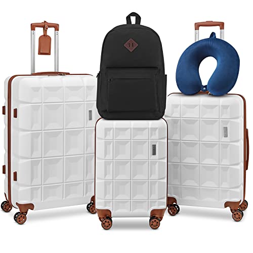 imiomo 3 Piece Luggage set Clearance, Travel Suitcase with Spinner Wheels TSA lock, Hardshell Lightweight Suitcase set for men and women (White+brown, 20/24/28)