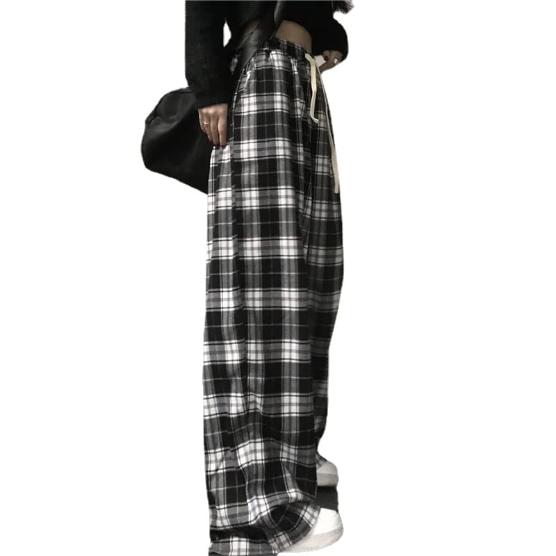 Casual Plaid Pants Y2K Goth Alt Baggy Pants Fairy Grunge Alternative Clothing Drawstring Fairycore Streetwear (Black,L)