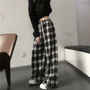 Casual Plaid Pants Y2K Goth Alt Baggy Pants Fairy Grunge Alternative Clothing Drawstring Fairycore Streetwear (Black,L)