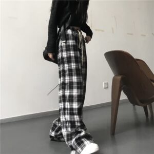 Casual Plaid Pants Y2K Goth Alt Baggy Pants Fairy Grunge Alternative Clothing Drawstring Fairycore Streetwear (Black,L)