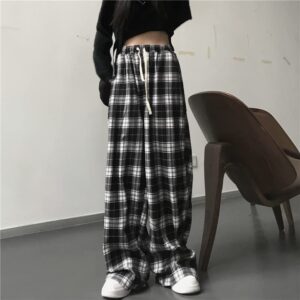 Casual Plaid Pants Y2K Goth Alt Baggy Pants Fairy Grunge Alternative Clothing Drawstring Fairycore Streetwear (Black,L)