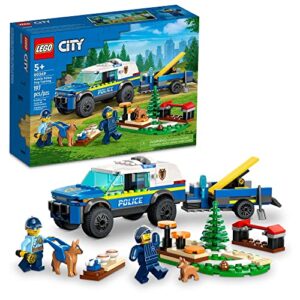 lego city mobile police dog training 60369, suv toy car with trailer, obstacle course and puppy figures, animal playset for boys and girls ages 5 plus