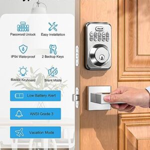 Zowill Keyless Entry Door Lock with 2 Lever Handles, Electronic Keypad Deadbolt, Auto-Locking, Anti-Peeping Password, Digital Smart Code Door Lock, Front Door Handle Sets, Satin Nickel