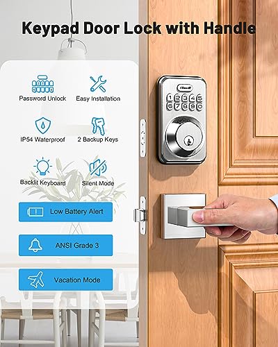 Zowill Keyless Entry Door Lock with 2 Lever Handles, Electronic Keypad Deadbolt, Auto-Locking, Anti-Peeping Password, Digital Smart Code Door Lock, Front Door Handle Sets, Satin Nickel